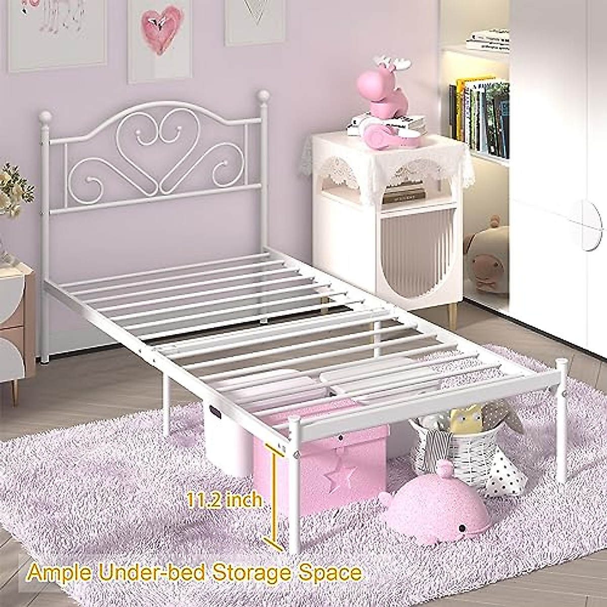 Weehom Twin Bed Frames with Headboard, Heavy Duty Metal Platform Bed Under Bed Storage Space Easy Assembly for Kids Girls Adults White