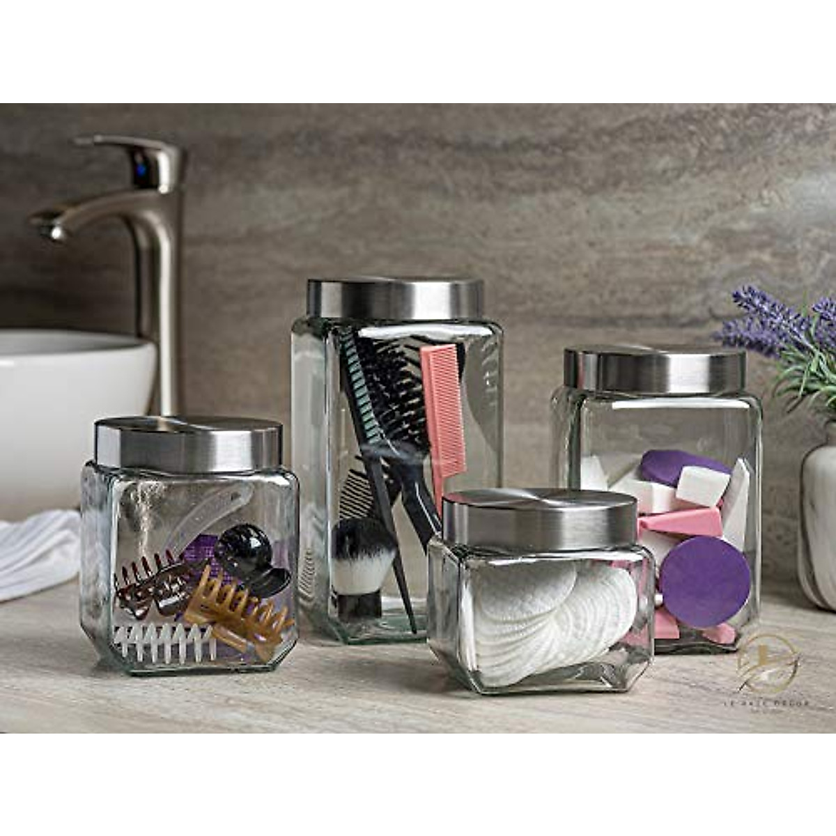 4pc Square Glass Cookie Jars with Airtight Lids + Marker & Labels, Canister Sets for Kitchen Counter or Bathroom - Food Storage Containers with Lids for Pantry - Flour, Sugar, Coffee, Cookies, etc.