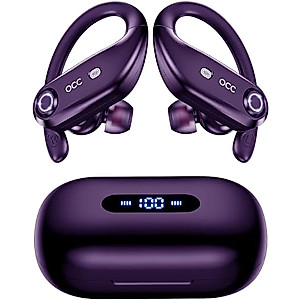 Wireless Earbuds Bluetooth Headphones 130H Playback 4-Mic HD Call IP7 Waterproof Ear Buds in Ear Sport LED Display Earphones with Earhooks for Running Workout Gym Phone Laptop TV Computer (purple)