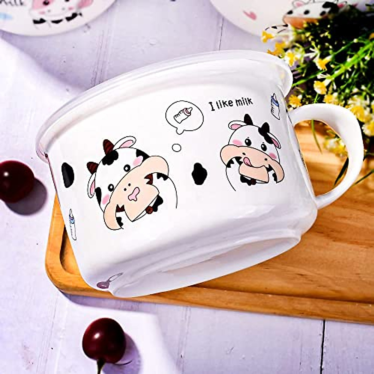 Ceramic Bowl with Lid and Handle,Cute Cows Design,Microwave for Instant Noodle Sara, Cereal Bowl (Black Milk)