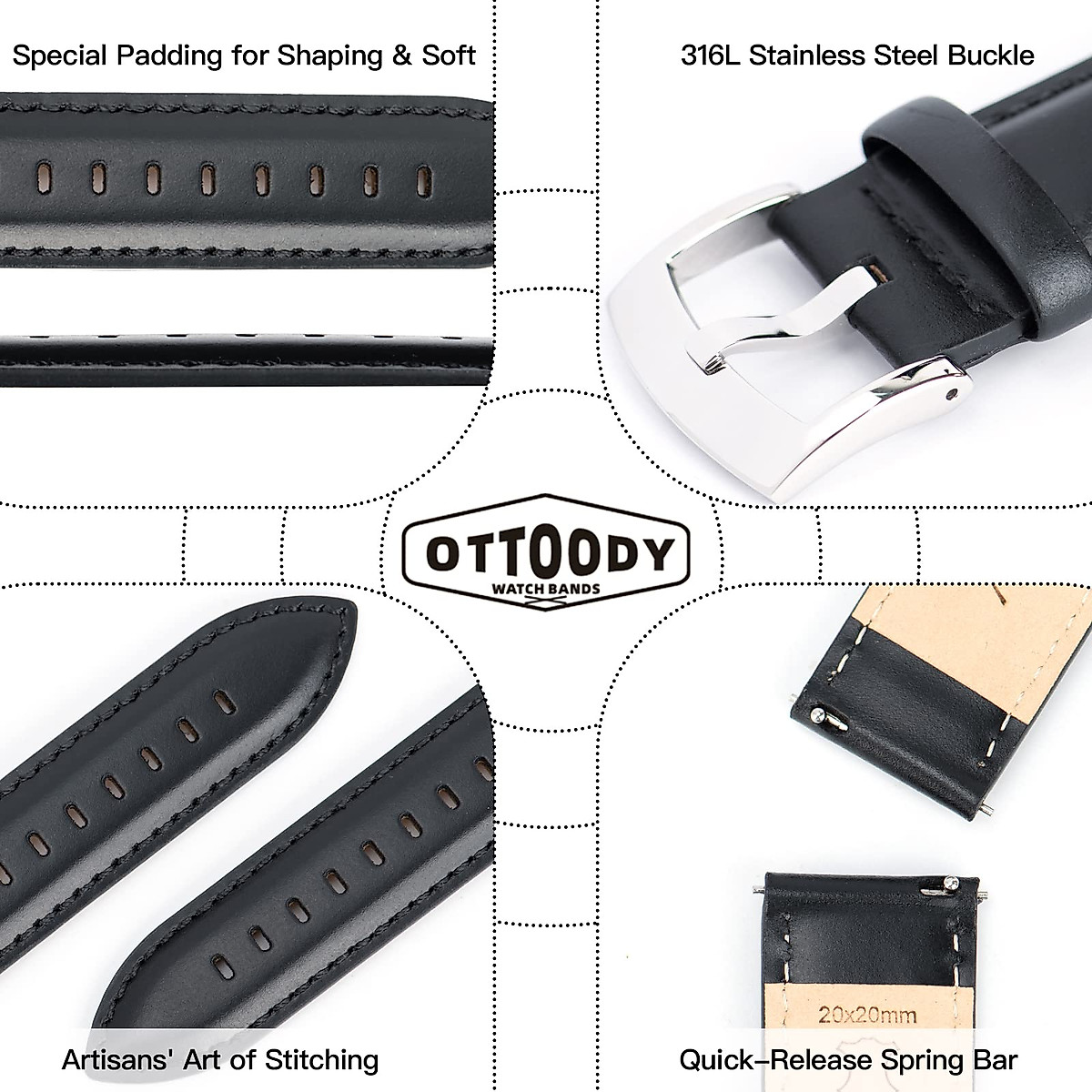 OTTOODY Leather Watch Bands Quick Release, Elegant Top Grain Leather Watch Straps for Men & Women, Choice of Color & Width - 18mm, 19mm, 20mm, 21mm or 22mm Wristbands Bracelet for Watch & Smartwatch