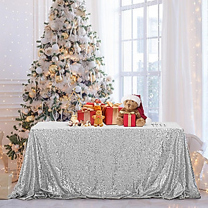 OQSQ Silver Sequins Tablecloth 60x102 inch, Sparkly Glitter Table Cover for Wedding Birthday Party Prom Decorations