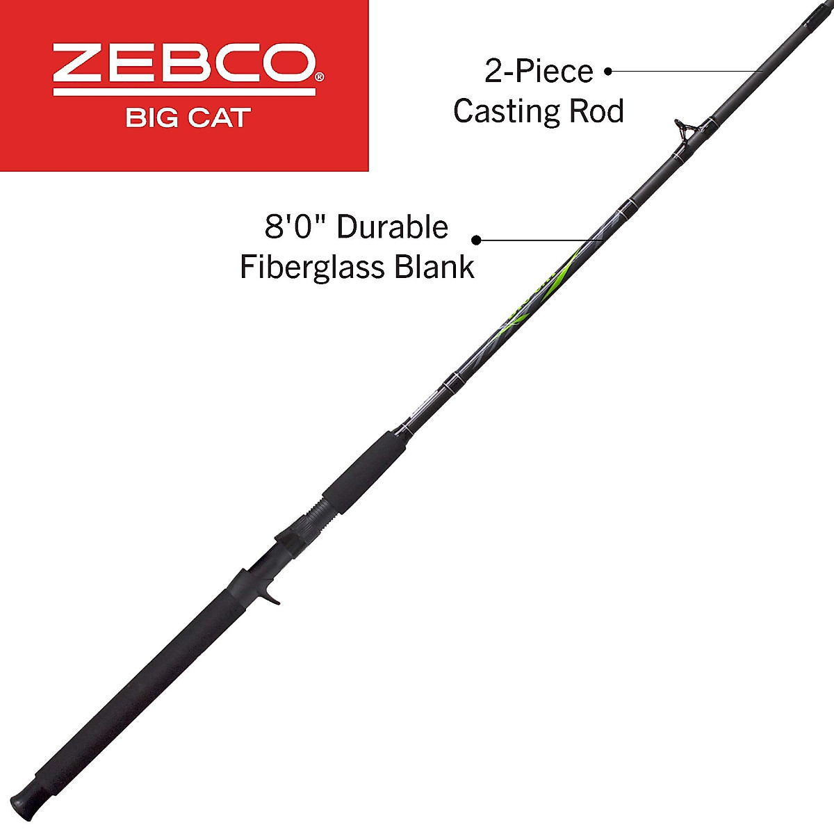 Zebco Big Cat Casting Fishing Rod, 8-Foot 2-Piece Fiberglass Fishing Pole, High-Visibility Rod Tip, Extended EVA Rod Handle, Shock-Ring Guides, Medium-Heavy Power, Black/Green