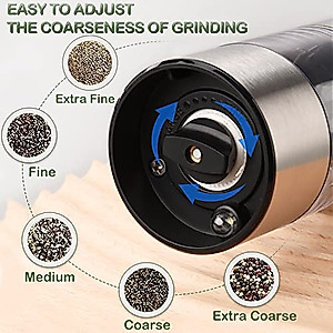 Electric Salt and Pepper Grinder,Black Pepper Grinder Refillable Sea Salt Grinder with LED Light Adjustable Coarseness Pepper MillsUSB Rechargeable One Hand Gravity Salt Grinder