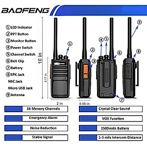 BAOFENG Walkie Talkies Long Range BF-888S Plus Rechargeable 1500mAh Li-ion All Day Working, USB Cable Charging Portable Two Way Radio with Earpieces and Mic（2 Pack）