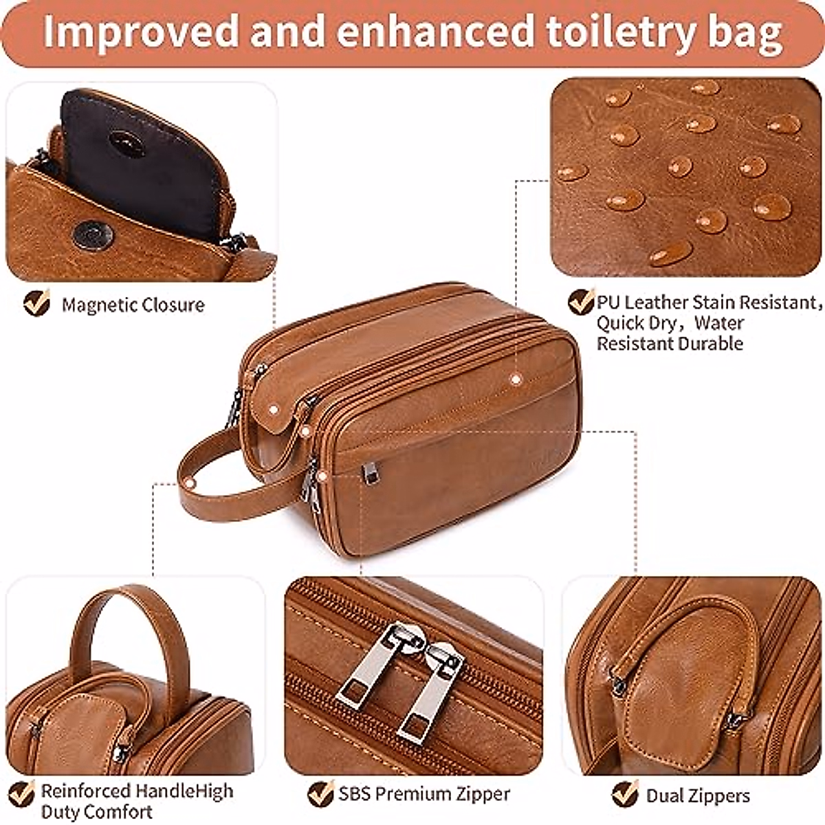 JIELV Travel Toiletry Bag for Men, Large Toiletry Bag Mens Travel Bag Toiletries Organizer for Grooming, Skincare, and Personal Care on the Go (PU-Leather-Waterproof, Brown)