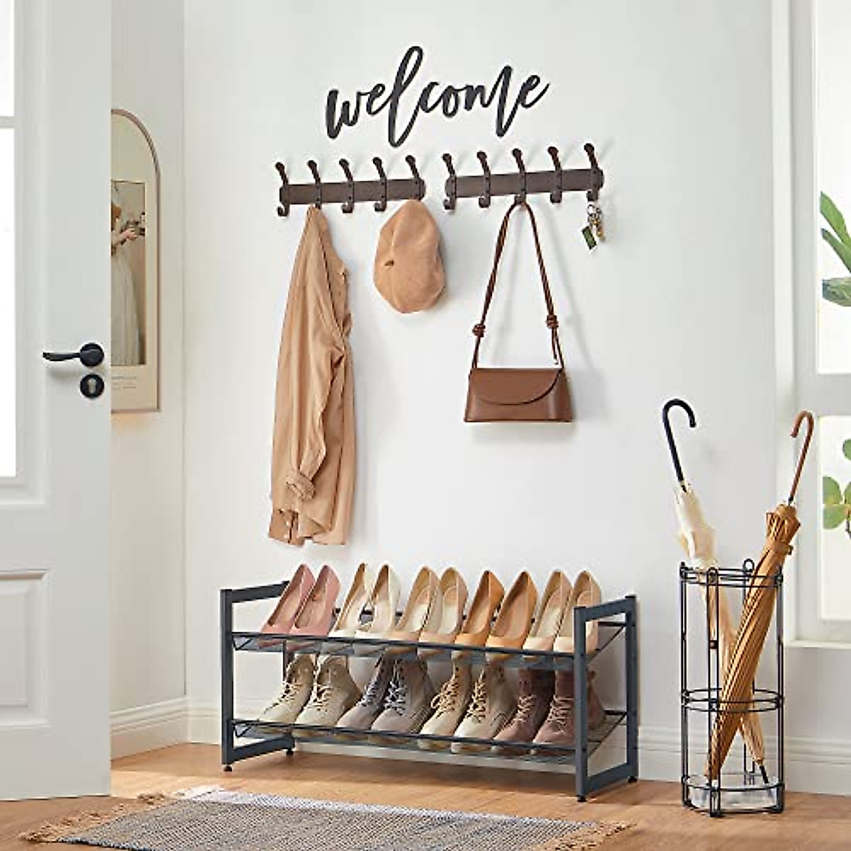 SONGMICS Shoe Rack, 2-Tier Stackable Shoe Storage Shelf, Flat or Angled Shoe Organizer, Metal Shoe Tower Stand for Closet Entryway, Grey 12.1 x 36.4 x 16.5 Inches