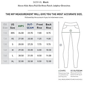 HORZE Nora Girls Riding Pants | Pull-on Kids Equestrian Leather Knee Patch Jodhpur Breeches - Black - M