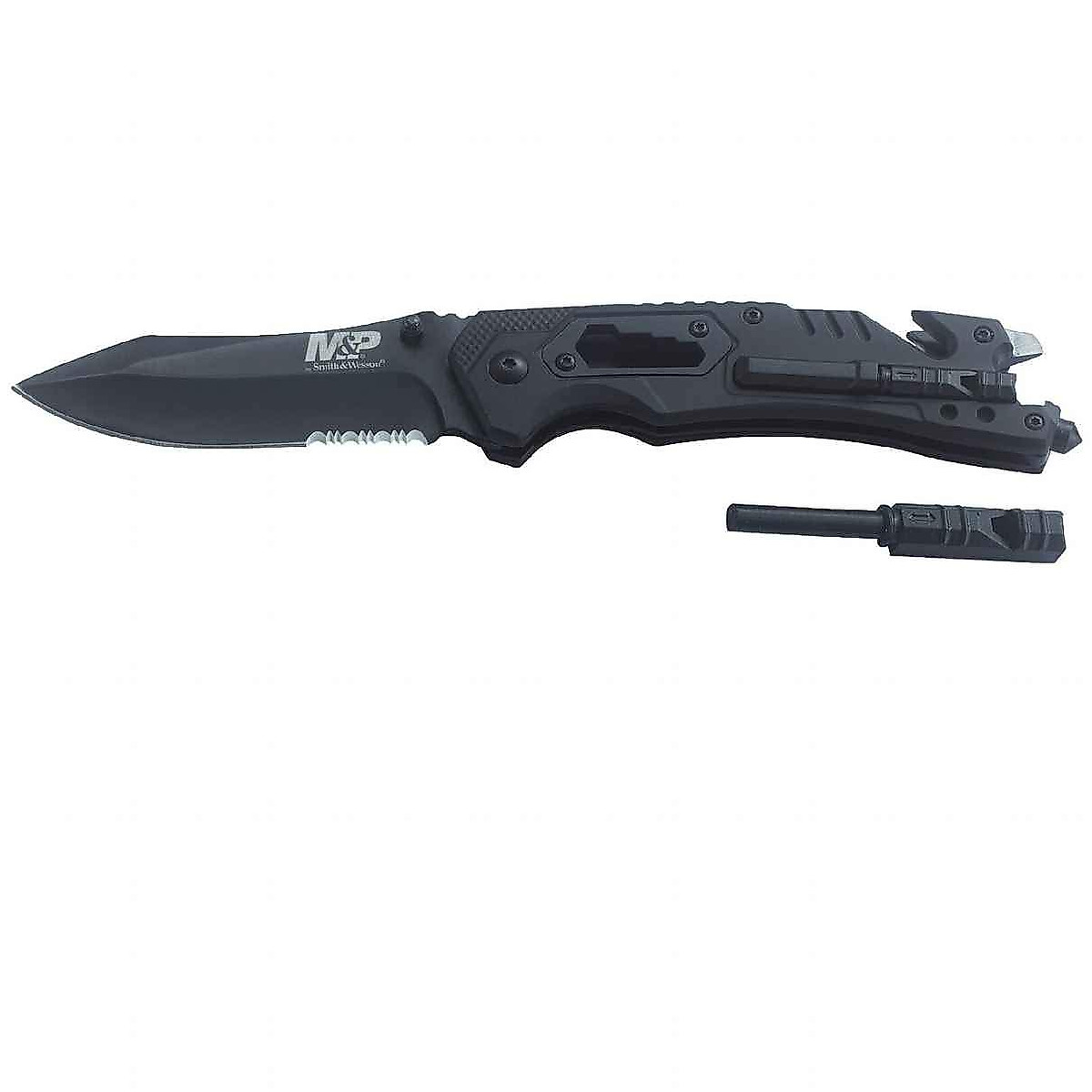 Smith & Wesson M&P 8.5in High Carbon S.S. Spring Assisted Folding Knife with 3.5in Serrated Drop Point Blade and Rubber Handle for Outdoor Survival and EDC,Tan