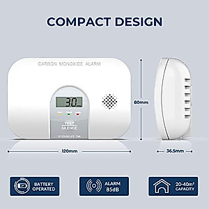 Ecoey Carbon Monoxide Detector Alarm, 7-Year Carbon Monoxide Detectors Battery Powered with LCD Digital Display, CO Detector with Silence Function and Test Button, FJ128, 2 Packs