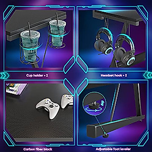 Bestier LED Gaming Desk 55" L Shaped Computer Corner Desk with 2 Cup Holders 2 Headset Hooks 36" Large Monitor Shelf Home Office Desk Bedroom Reversible 72" Long Desk for 2 Persons, Black