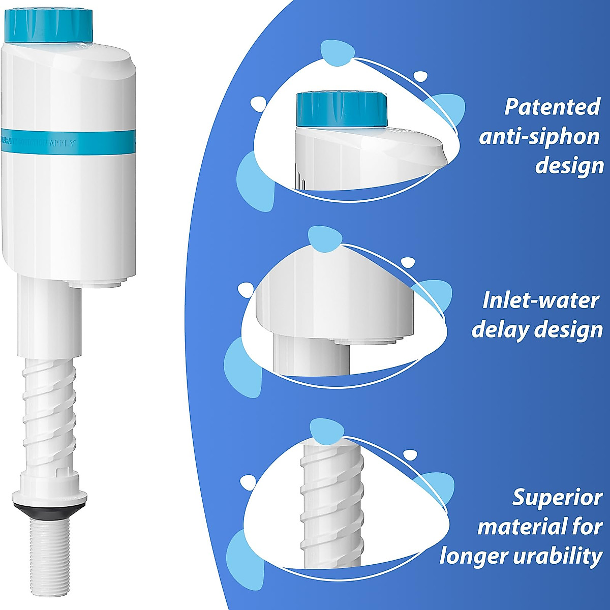 SAMODRA Silent Toilet Fill Valve Adjustable Water Level, High Performance Toilet Flush Valve Replacement Kit Anti-Siphon Water-Saving, Installs in Minutes