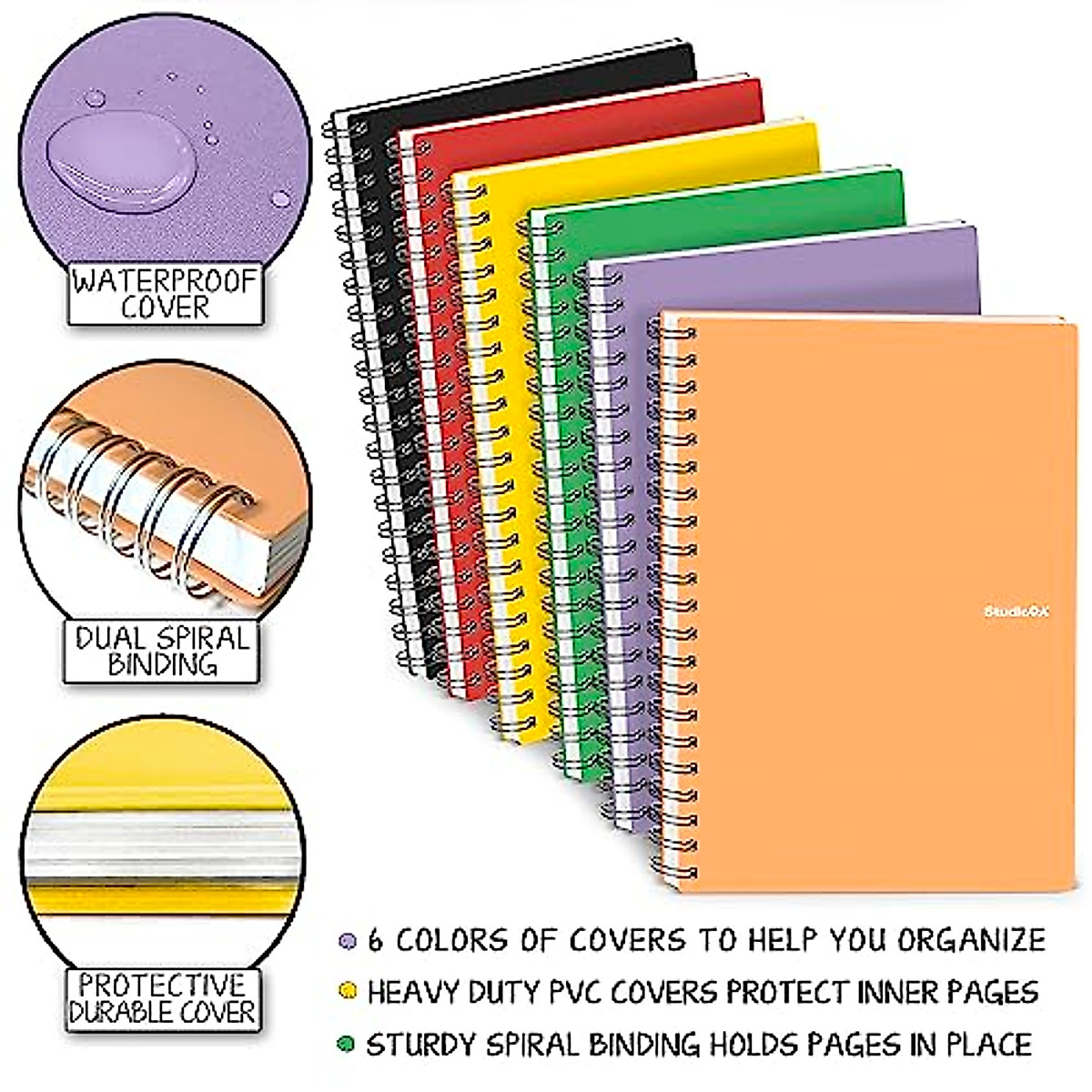 STUDIO O. A. Spiral Notebooks, 6 Pack, 1-Subject, Wide Ruled Paper, 8.5 x 11, 70 Sheets of 70g/㎡ Paper, Durable PP Cover, For School, Office, Business, Professional