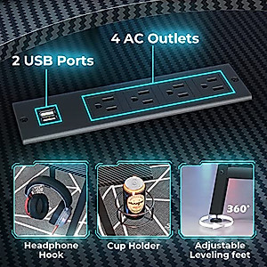 Huuger L Shaped Desk Gaming Desk with LED Lights & Power Outlets, Computer Desk with Monitor Shelves, Home Office Desk Corner Desk with Cup Holder & Hook, Carbon Fiber Black