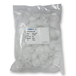 Tisch Brand SPEC16279 Polytetrafluoroethylene PTFE Syringe Filter, 3um, 25mm, Double luer Lock, 1/pk/100 per Pack | Wettability: Hydrophobic | Maximum Operating Temperature: 60 Degrees C |