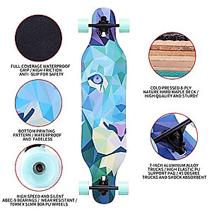 BOCIN 41 inch Freeride Longboard Drop Through Skateboard 8 Ply Canadian Maple Complete Cruiser for Cruising, Carving,Free-Style and Downhill (Lion)
