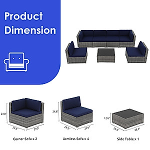 Yangming 7 Piece Outdoor Patio Furniture Sets, Outdoor Sectional Furniture with Tempered Glass Table and Cushion, Rattan Chairs Wicker Couch Conversation Set for Deck, Backyard, Porch, Lawn, Garden