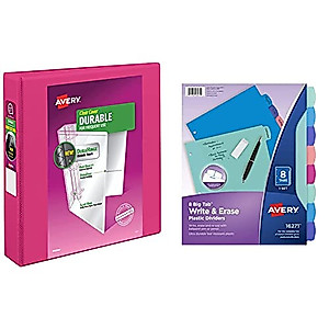 Avery Durable View 3 Ring Binder, 1-1/2 Inch Slant Rings, 1 Pink Binder (17833) & Durable Plastic 8-Tab Write & Erase Big Tab Dividers for 3 Ring Binders, Pastel Brights (16271)