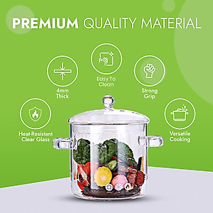 Glazzit Glass pots for cooking on stove - 2L/70oz- Heat-Resistant, Microwave safe, dishwasher safe, Electric & Gas stove safe (2.1 Quarts)