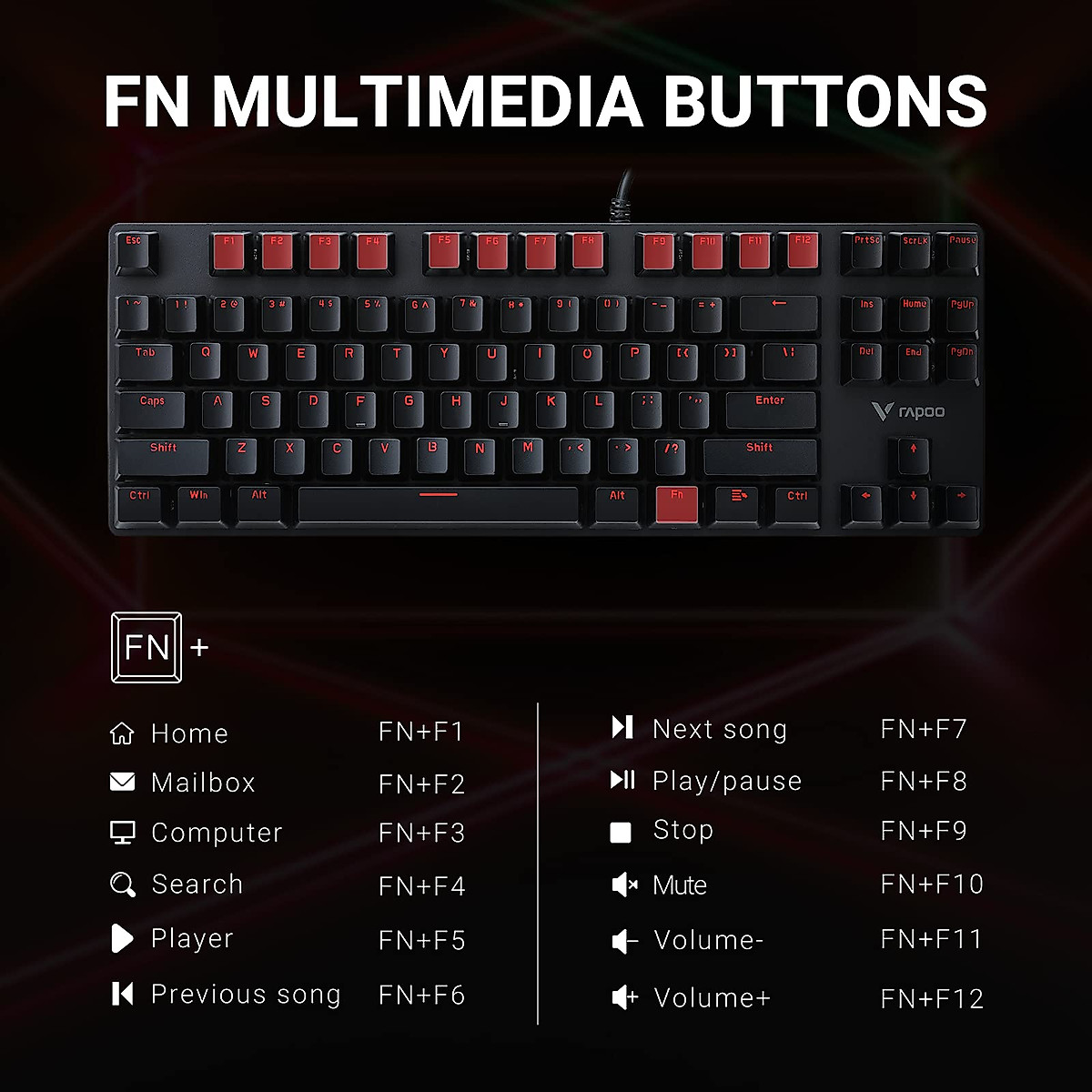 Mechanical Gaming Keyboard, RAPOO V500 Alloy Wired Keyboard with Black Switches for Game Players, Quick Response Gaming Keyboard, Anti-Ghosting Keyboard for Windows Gaming PC/Game Laptop, 87 Keys