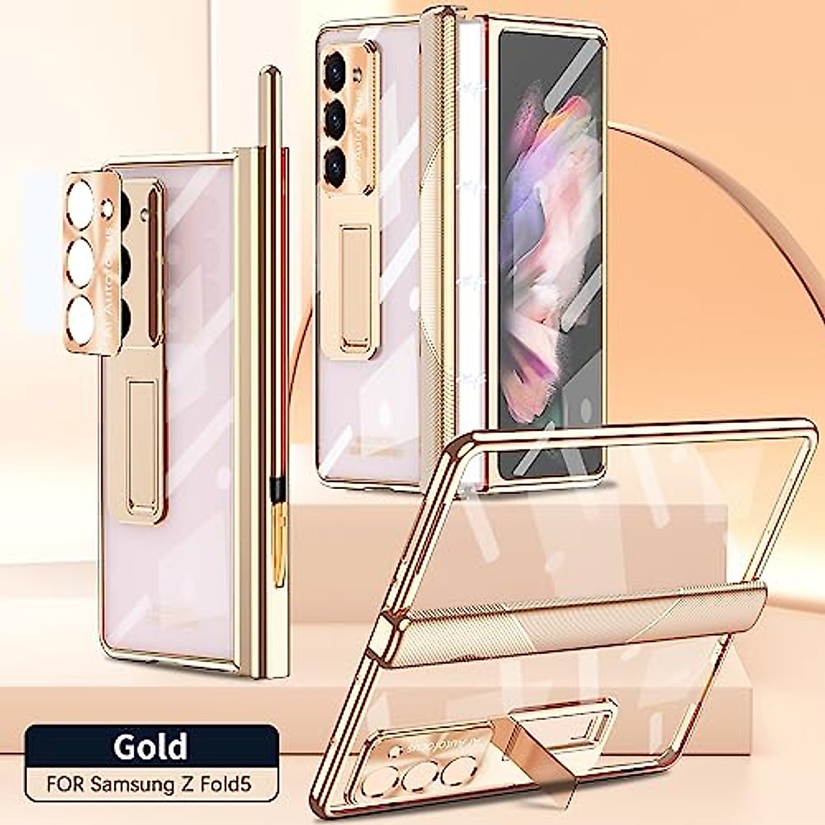 PUROOM for Samsung Galaxy Z Fold 5 Hinge Coverage Protective Case Transparent Plating PC with Pen Holder Kickstand Screen Protector All-Inclusive Case (z fold 5, Gold)