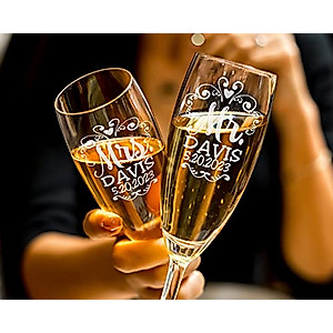 Mr Mrs Wedding Reception Celebration Twisty Stem Champagne Glasses Set of 2 Couples Newlywed Married Groom Bride Husband Wife Anniversary Engraved CLEAR Flute Glass Favors (Personalized)