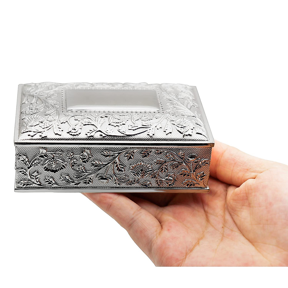 Hsiwto Small Rectangle Vintage Metal Jewelry Box Trinket Gift Chest Ring Case for Girls Ladies Women, Silver