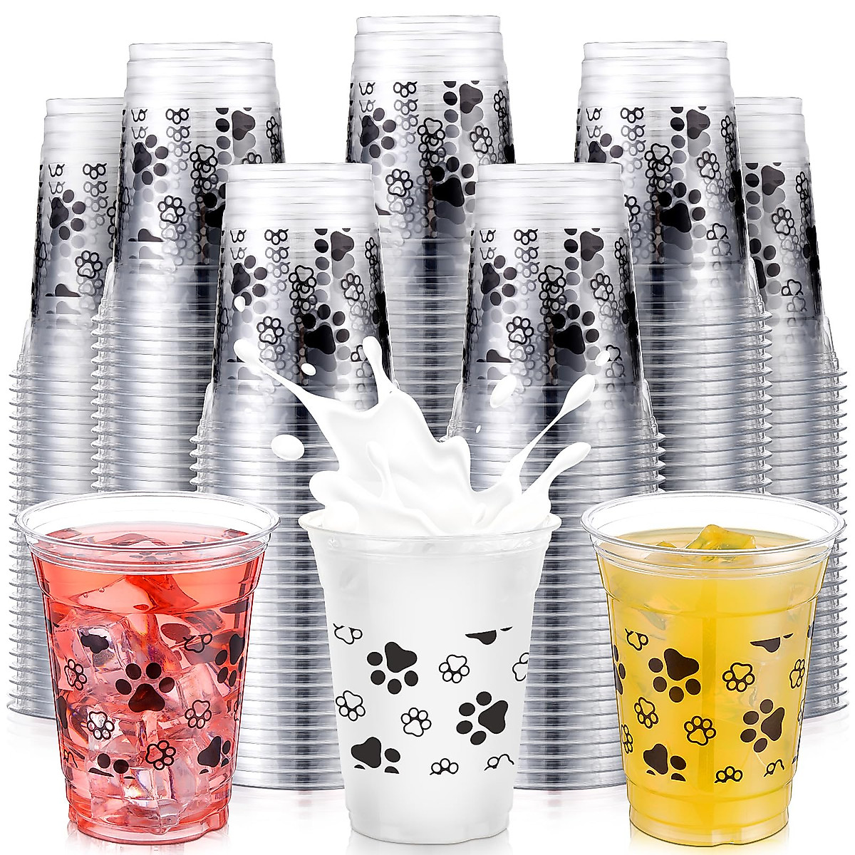 SiliFine 100 Pcs Dog Party Cups Bulk Puppy Paw Print Themed Cups 12 oz Disposable Clear Plastic Birthday Party Cups for Ice Coffee, Smoothie, Juice, Baby Shower Classroom Party Supplies