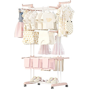 TOOLF Foldable Clothes Drying Rack, 4-Tier Drying Rack Clothing, Laundry Drying Rack with Foldable Wings, Space Saving Laundry Rack, Pink