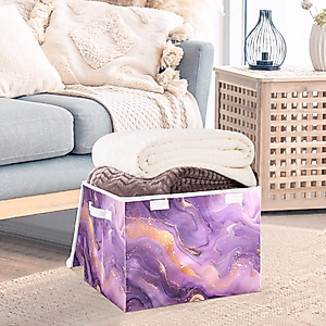 YETTASBIN Purple Marble Storage Basket with Lid and Handles, Large Collapsible Fabric Storage Bins Sturdy Storage Organizer for Shelves, Closet, Bedroom, School, Office, Home Decor
