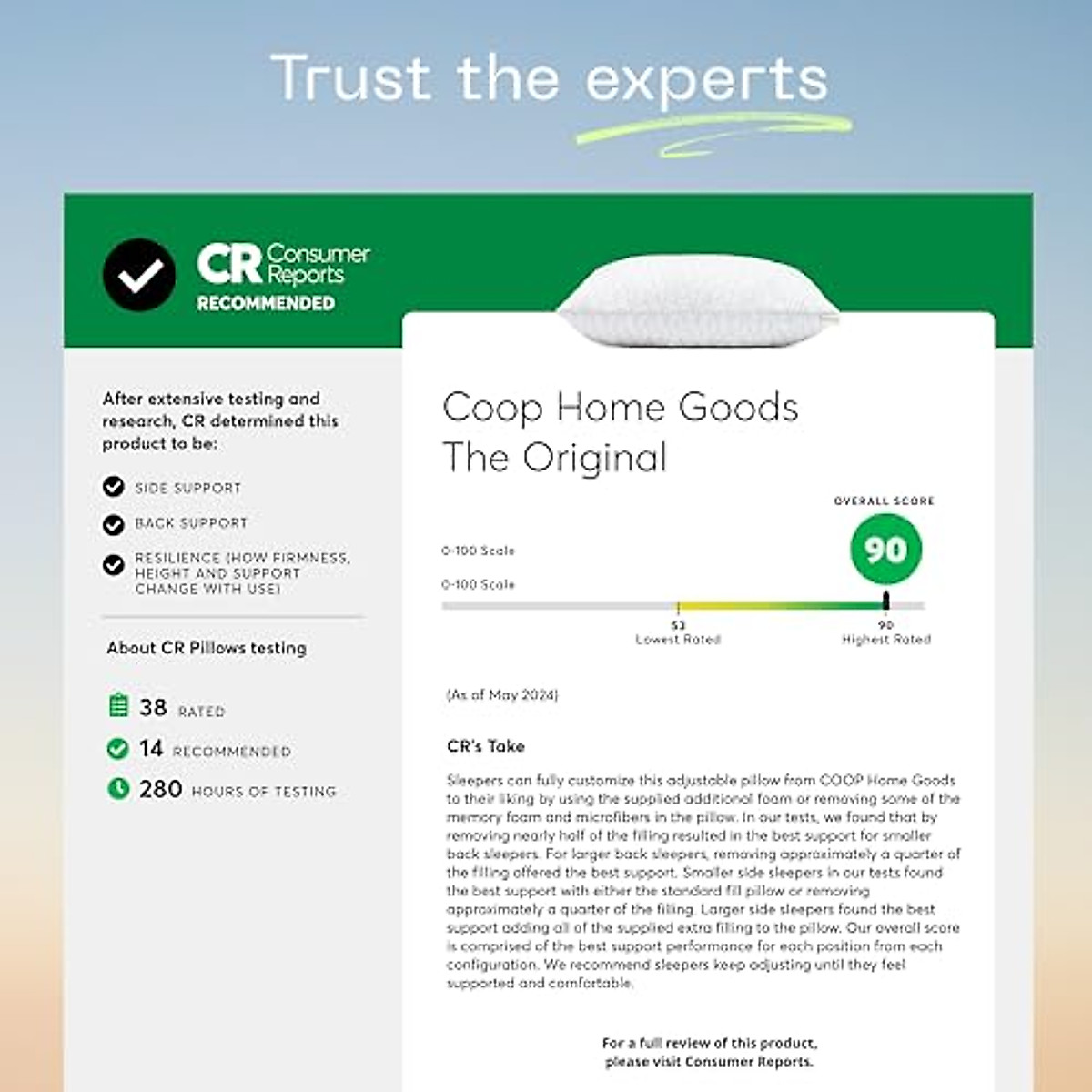 Coop Home Goods Original Adjustable Pillow, King Size Bed Pillows for Sleeping, Cross Cut Memory Foam Pillows - Medium Firm Back, Stomach and Side Sleeper Pillow, CertiPUR-US/GREENGUARD Gold