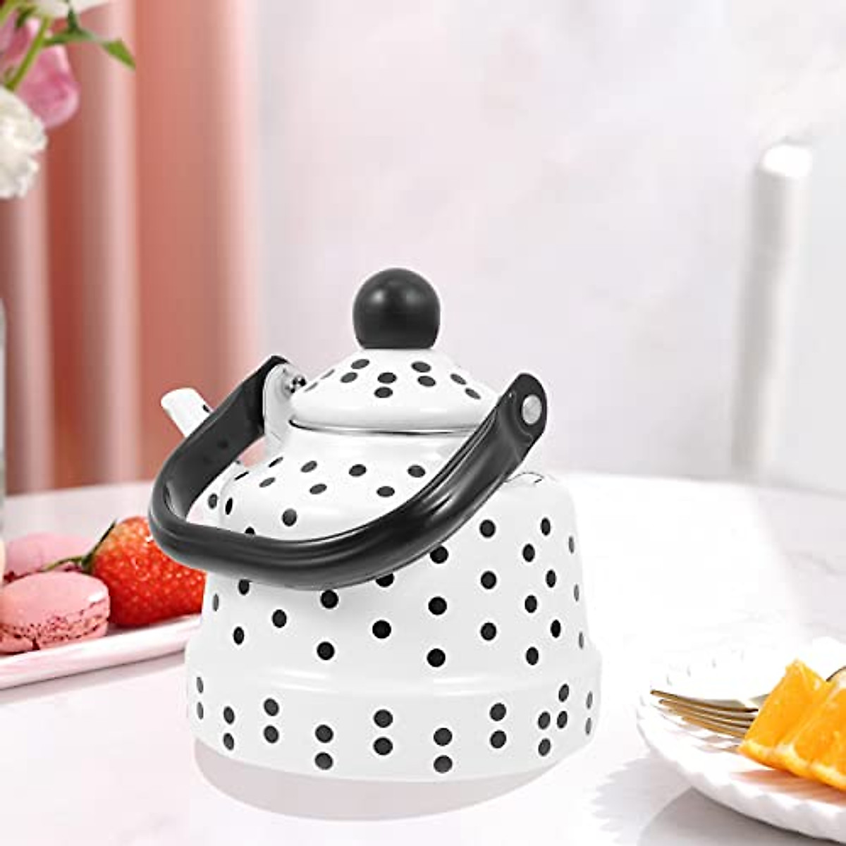 YARDWE Enamel Teapot Stovetop Tea Kettle: Porcelain Enameled Teakettle Dot Pattern Hot Water Kettle Pot for Camping Home Kitchen 1. 1L White