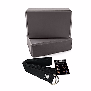 dimok Yoga Blocks and Strap Set - Foam Bricks 9x6x4 and 8FT Yoga Belt Metal D-Ring - High Density Premium Quality (with Resistance Bands)