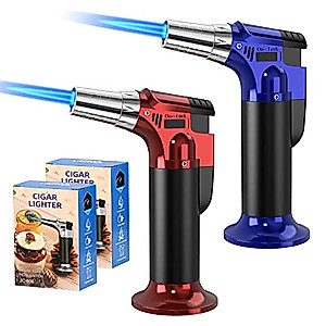 2 Pack Butane Torches Culinary Blow Torch Lighter, Refillable Kitchen Cooking Torch with Safety Lock Adjustable Flame for BBQ, Creme Brulee, Baking, Crafts (Butane Gas not Included) (Red/Blue)
