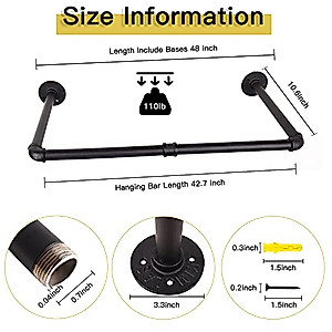 Fobule 48” Wall Mounted Clothes Rack, Industrial Pipe Black Iron Garment Bar, Heavy-Duty Detachable Clothing Rod, Multi-Purpose Metal Wall display Hanging Pole for Closet Storage, Laundry Room 2 Base