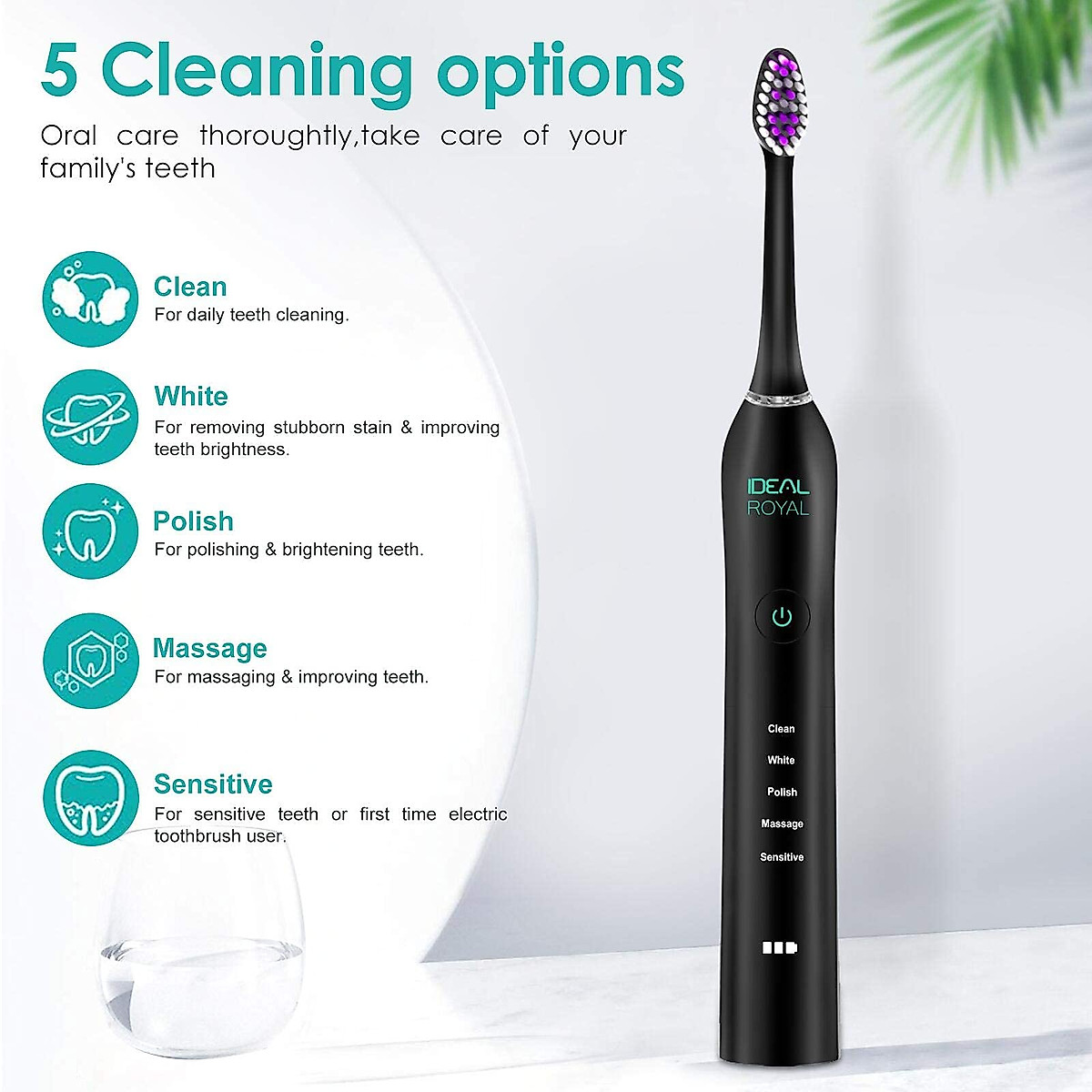 DLM Oral Care 48000 Electric Toothbrush,Powered Toothbrush with 5 Modes & 3 Replacement Brush Heads, Black Wirless Toothbrush Charging for Family&Travel