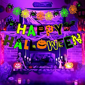 Halloween Party Decoration Garland, Fluorescence Happy Halloween Banner, Green Orange Bat Spider Web Garland Streamers Glow in the Dark Hallows Eve Favors, Halloween Bunting Banner Home Wall Decor