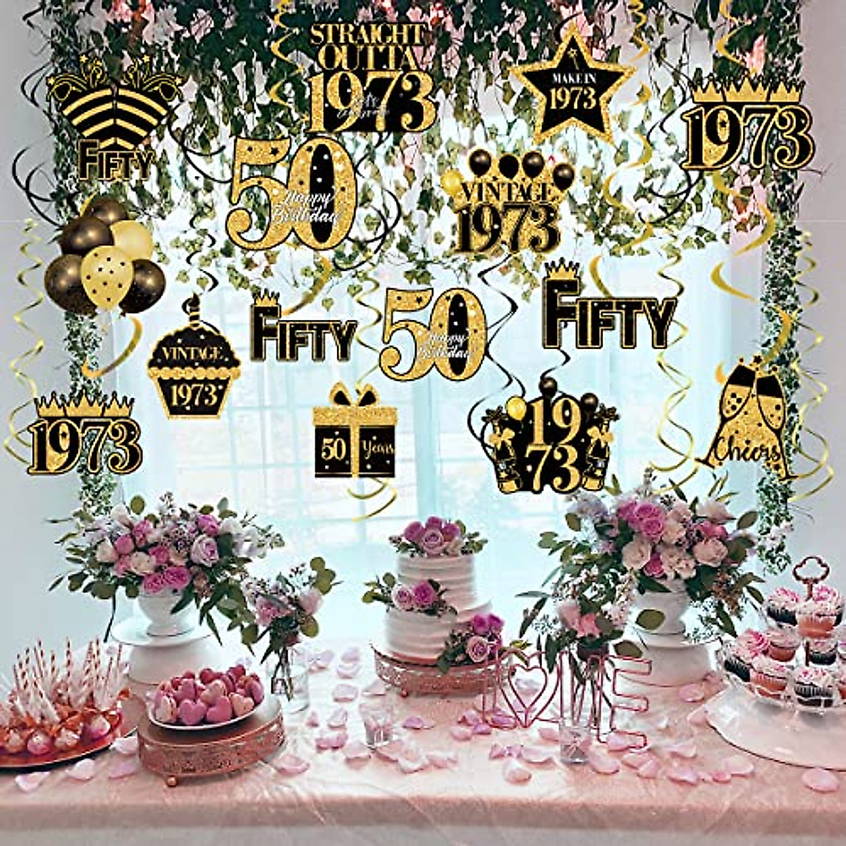 50th Birthday Decorations for Women and Men,50PCS Birthday Decorations Black Gold Party Supplies Hanging Swirls for Men Women, 50 Years Old Birthday Ceiling Hanging Decor with 10 Balloon (50th)