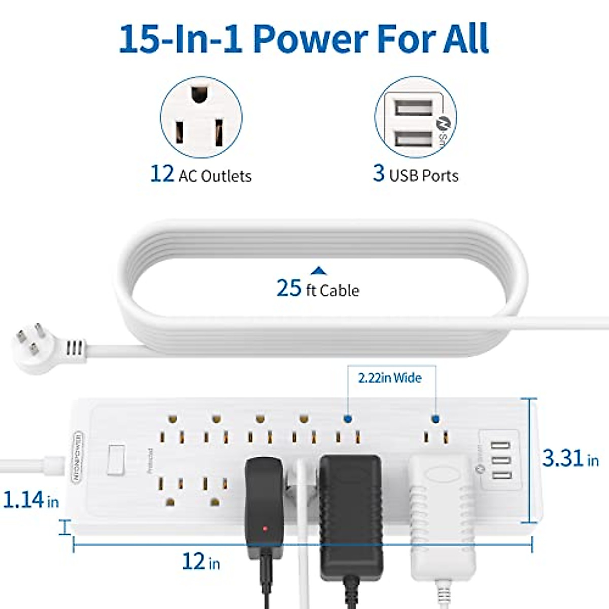 Extension Cord 25 ft, NTONPOWER 12 Outlet Surge Protector Power Strip with 3 USB Ports, 2100 Joules, 1875W/15A, Overload Protection, Flat Plug, Wall Mount for Home Office, Workbench, Garage, White
