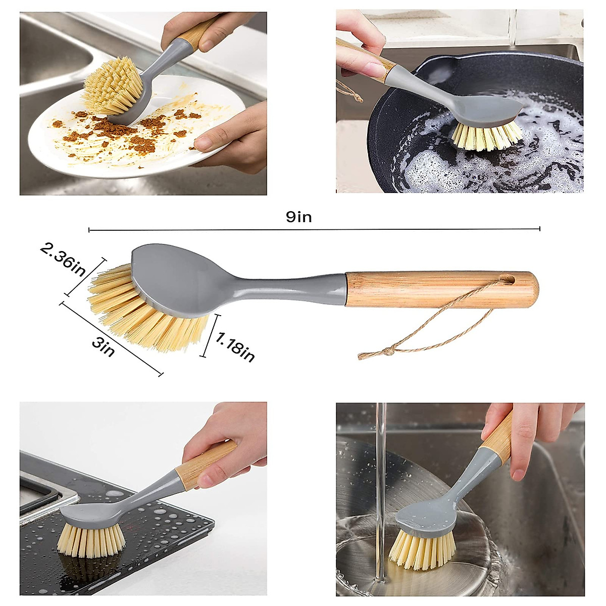 Bamboo Dish Brush&Water Bottle Drying Rack, 9-in-1 Kitchen Cleaning Set |Dish Brush&Bottle Brush with Long Handle |Mini Palm Brush with Soap Dispenser|Dish Drying Tray| Dish Drying Rack Kit