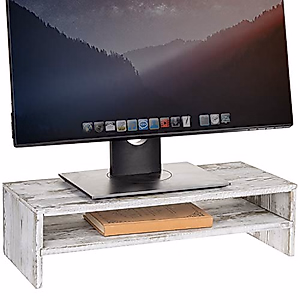 MyGift Shabby Whitewashed Wood Computer Monitor and Laptop Riser Stand for Desk, 2 Tier Office Desktop Storage Shelf