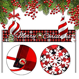 Large Merry Christmas Banner, Red Buffalo Plaid Xmas Sign with Snowman Xmas Tree Pattern for Christmas Party, Outdoor Indoor Decoration, 9.8 x 1.6 Feet (Buffalo Plaid)