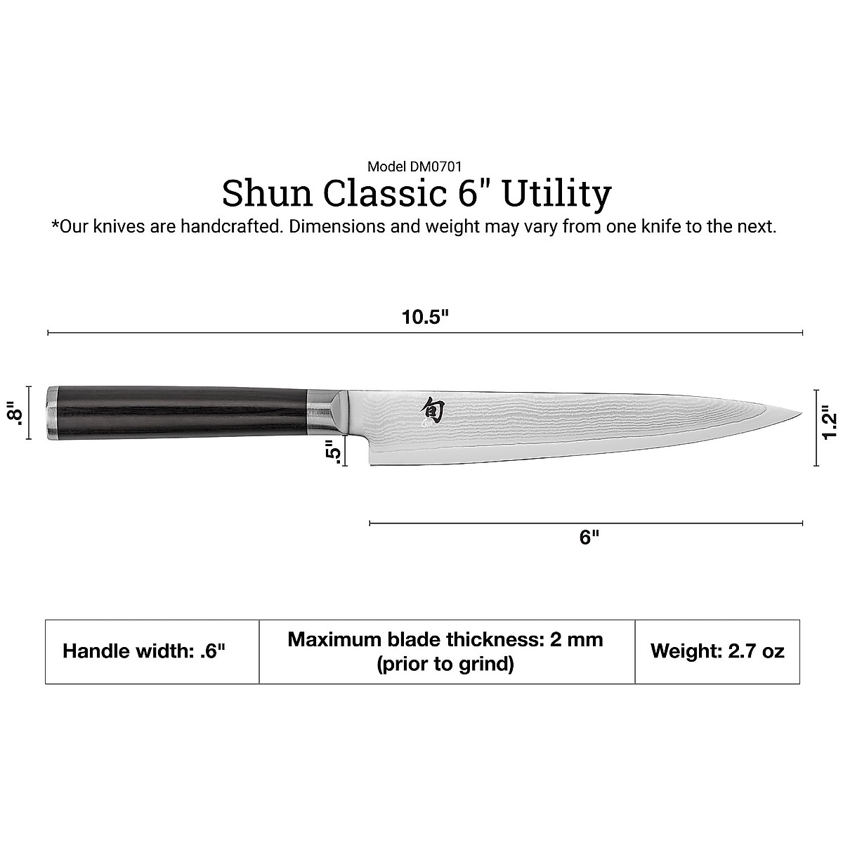 Shun Cutlery Classic Utility Knife 6", Narrow, Straight-Bladed Kitchen Knife Perfect for Precise Cuts, Ideal for Preparing Sandwiches or Trimming Small Vegetables, Handcrafted Japanese Knife