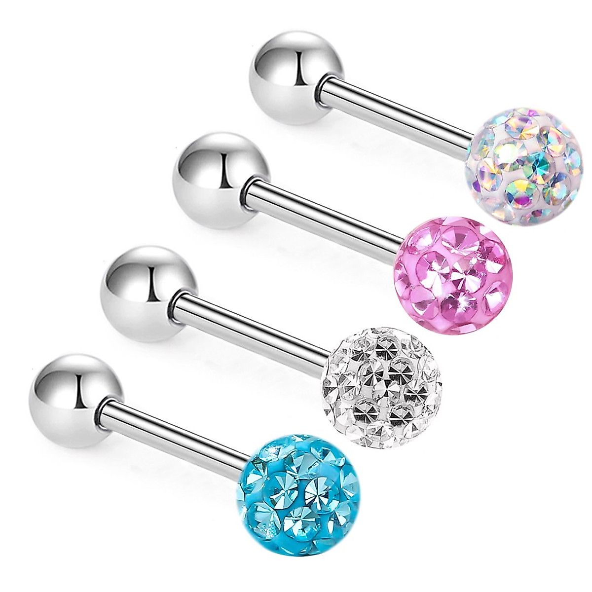 ZHIYAOR Anti-allergy Surgical Steel Tongue Rings Women Handmade Epoxy Crystal Piercing Barbells 14G 16mm (AB+Blue+Pink+White)