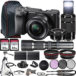 Sony a6400 Mirrorless Camera w/E PZ 16-50mm f/3.5-5.6 OSS Lens + E 55-210mm f/4.5-6.3 OSS Lens + 500mm f/8 Focus Lens + 2X 64GB Memory + Case + Filters + Tripod & More (35pc Bundle)