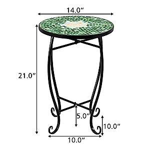 GRAFFY Outdoor Mosaic Side Table, 14 Inch Patio End Table, Round Printed Glass Table with Steel Frame for Garden/Yard/Lawn/Balcony and Home Decor Small End Table (Green)