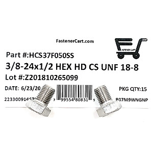3/8-24x1/2 Stainless Steel Hex Cap Screws FT Hex Bolts 18-8 (UNF) FINE Thread (15 Pieces)