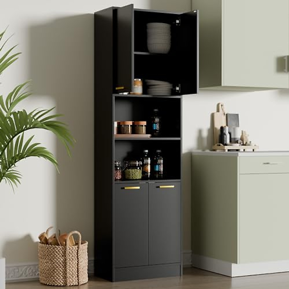 Cozy Castle Kitchen Pantry Storage Cabinet 75" Tall 4 Doors Wood Freestanding Cupboard with Open Countertop and Adjustable Shelves Utility Cabinets for Dining Room Living Room Laundry Bathroom, Black
