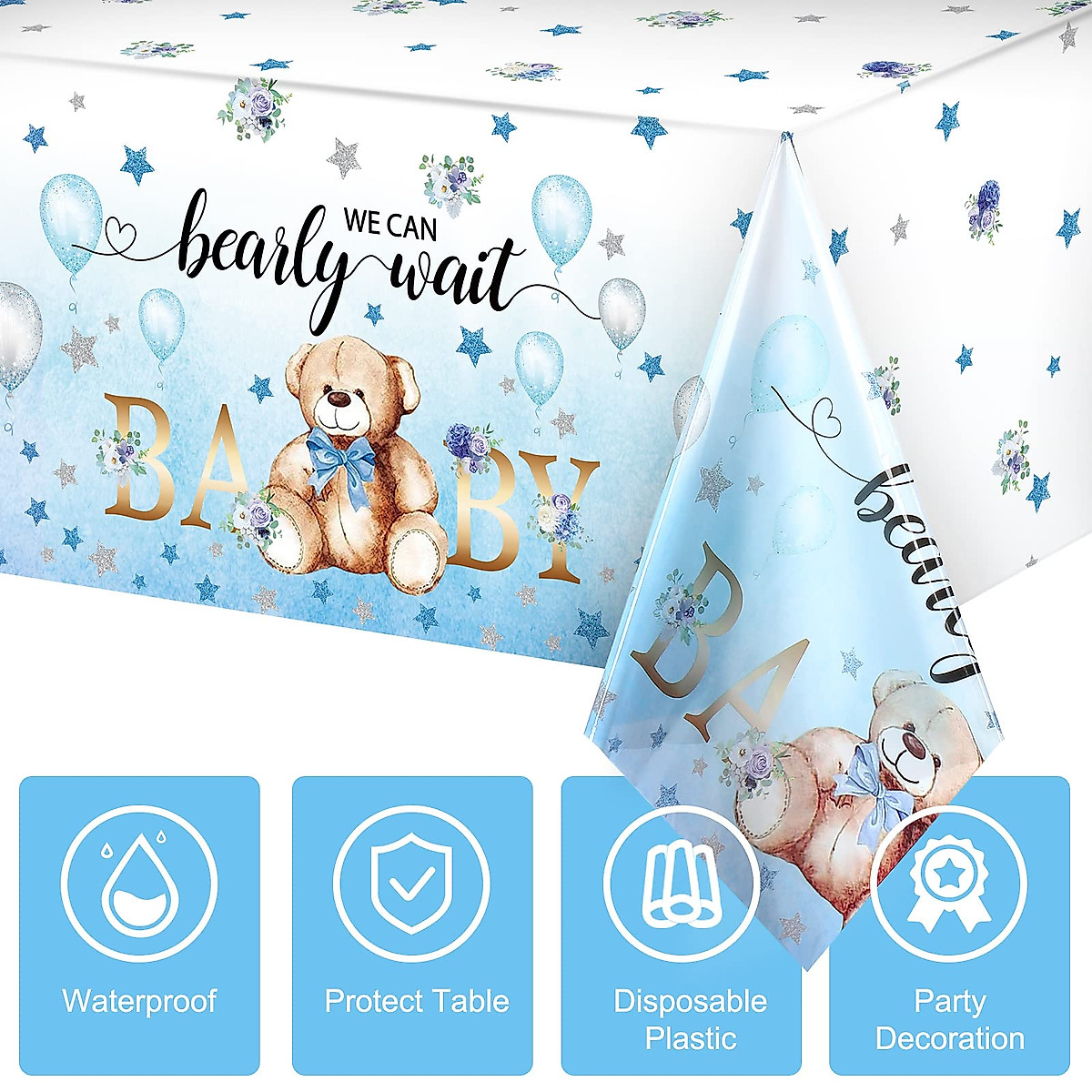 Bear Baby Shower Tablecloth Plastic Bear Table Cover We Can Bearly Wait Baby Tablecloth Bear Balloon Star Flower Table Cover for Kids Birthday Party and Baby Shower, 54 x 108 Inch (Blue,6 Pack)