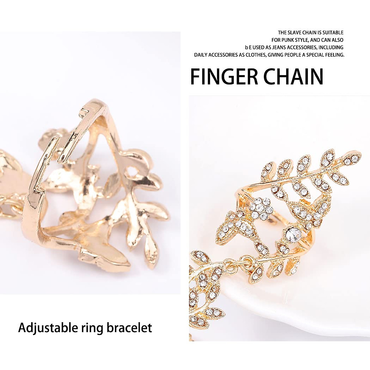 Bounzhi Rhinestone Finger Ring Bracelets Knuckle Hand Chain Harness Slave Finger Chains Beach for Women (Gold)